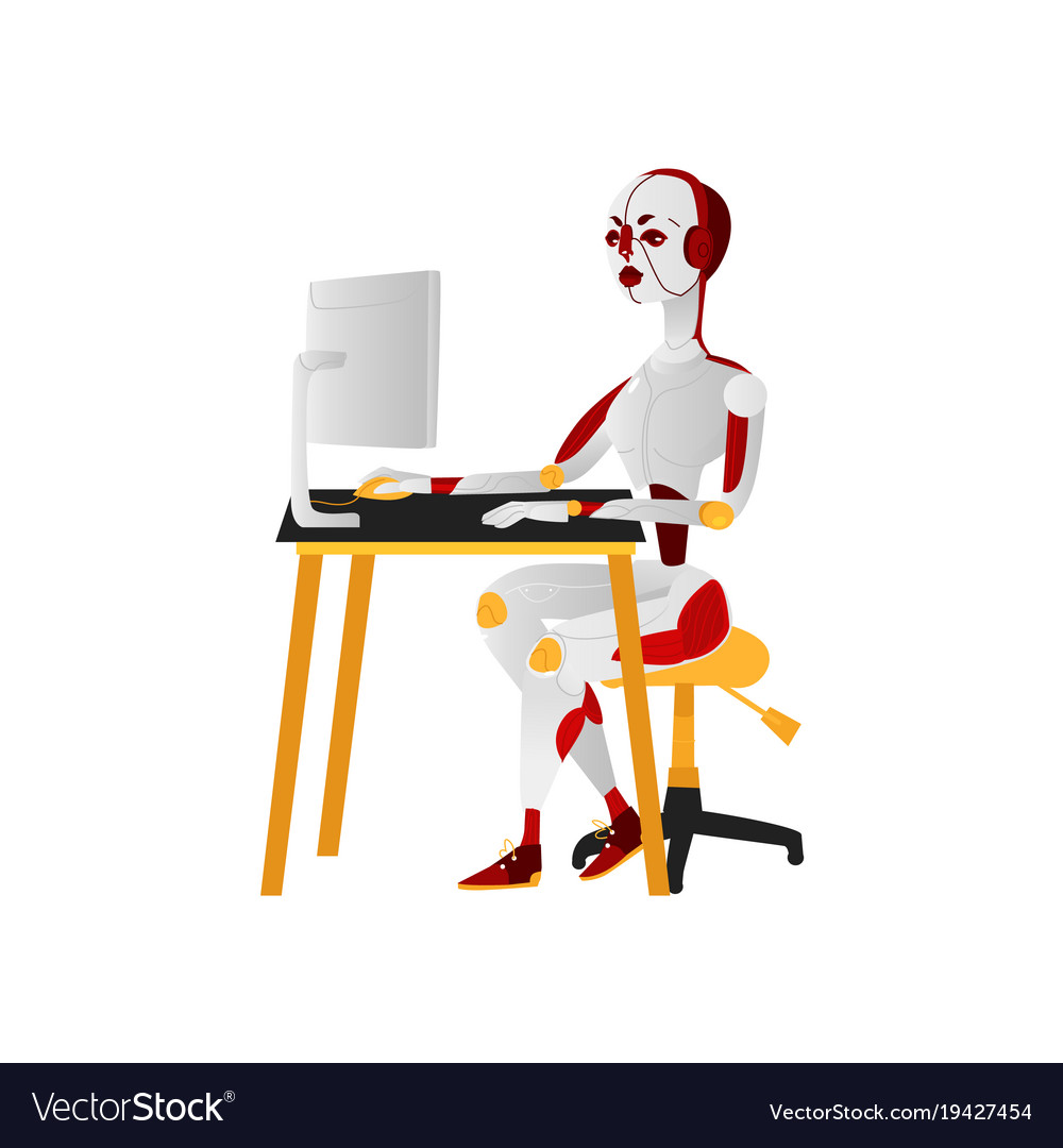 Robot working on computer artificial intelligence Vector Image
