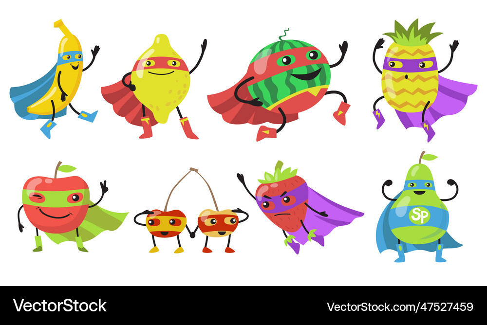 Various superhero fruits flat icon set Royalty Free Vector