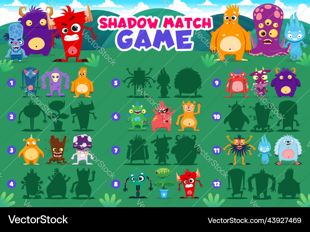 Shadow match game with funny monster characters Vector Image