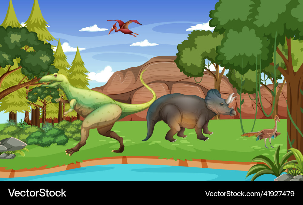 Nature scene with trees on mountains dinosaur Vector Image