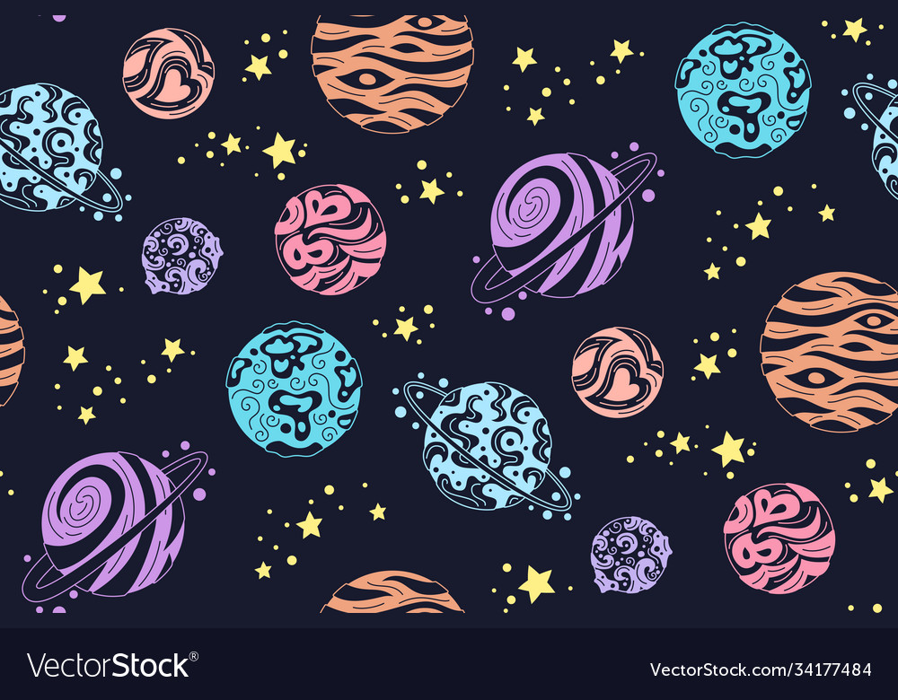 Planets seamless pattern dark space doodle Vector Image