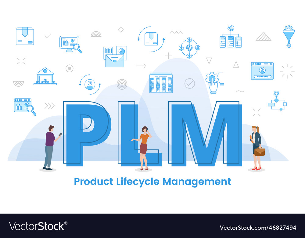 Plm concept with big words and people surrounded Vector Image