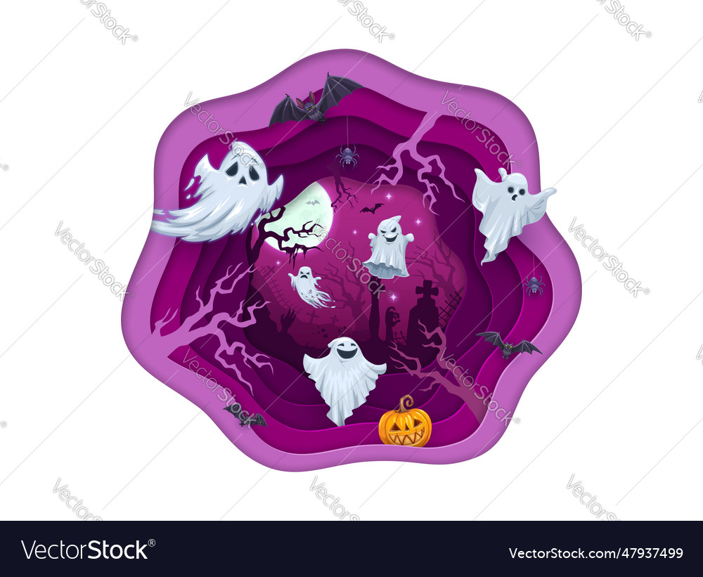 Halloween paper cut flying ghosts bat on cemetery Vector Image