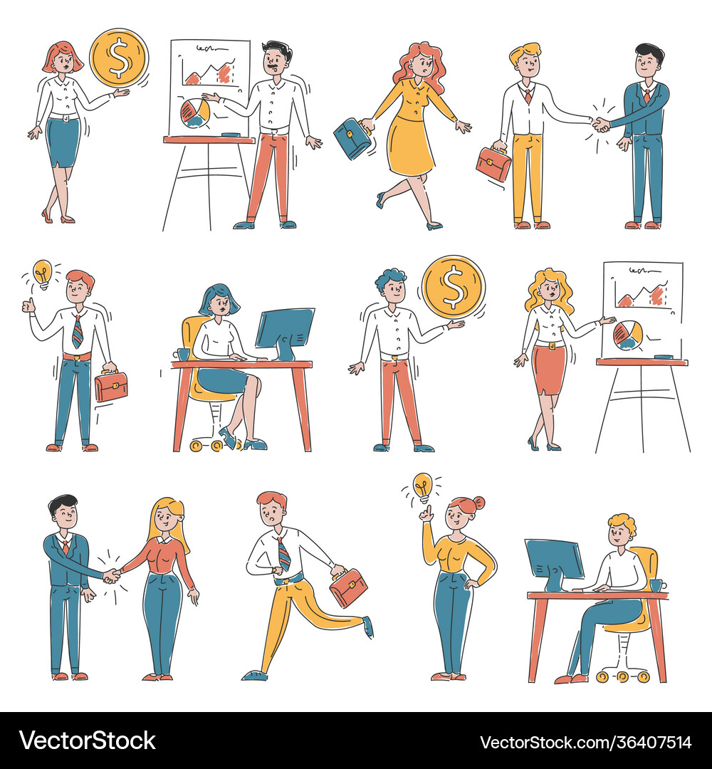 Set business people doodle isolated Royalty Free Vector