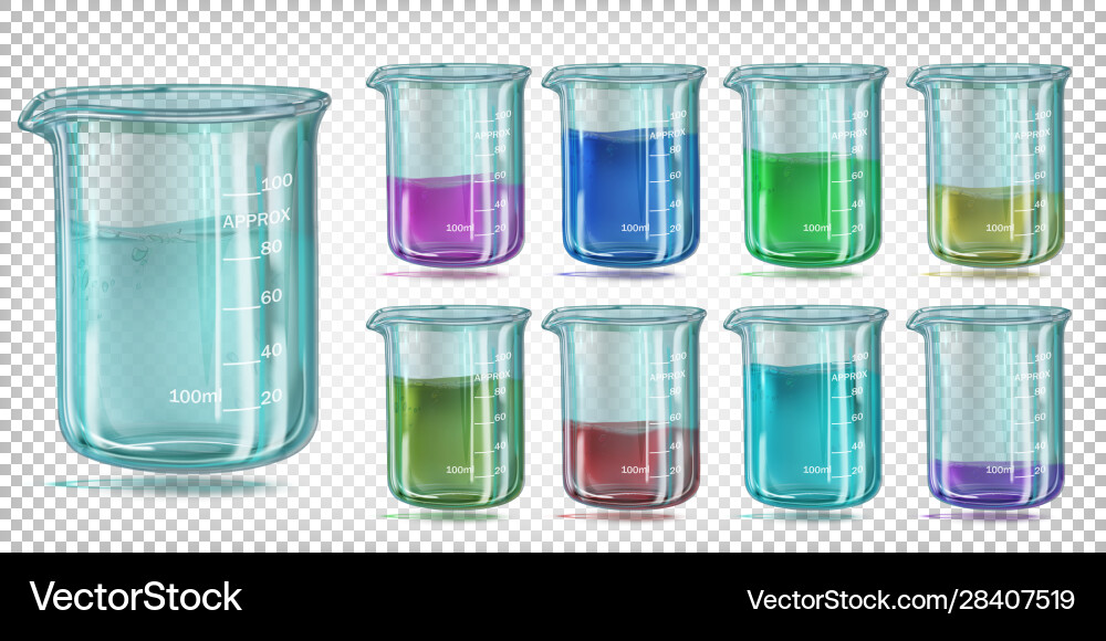 Set glass chemical beaker with colored liquid Vector Image