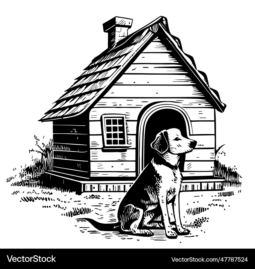 Hand-Drawn Dog in a Doghouse Royalty Free Vector Image