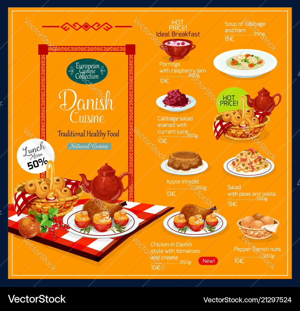 Menu for danish cuisine Royalty Free Vector Image