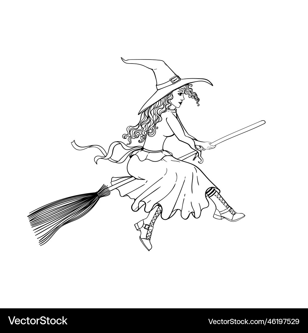 A young witch flies on broomstick linear Vector Image