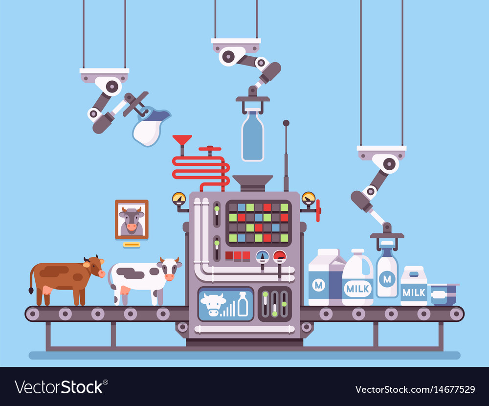 Milk manufacturing stage processing on conveyor Vector Image Milk manufacturing stage processing on conveyor Vector Image