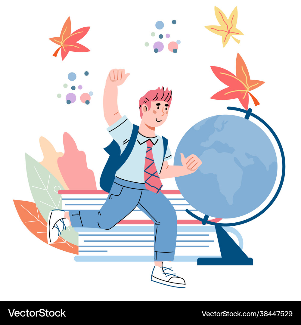 School boy at backdrop with books and globe Vector Image