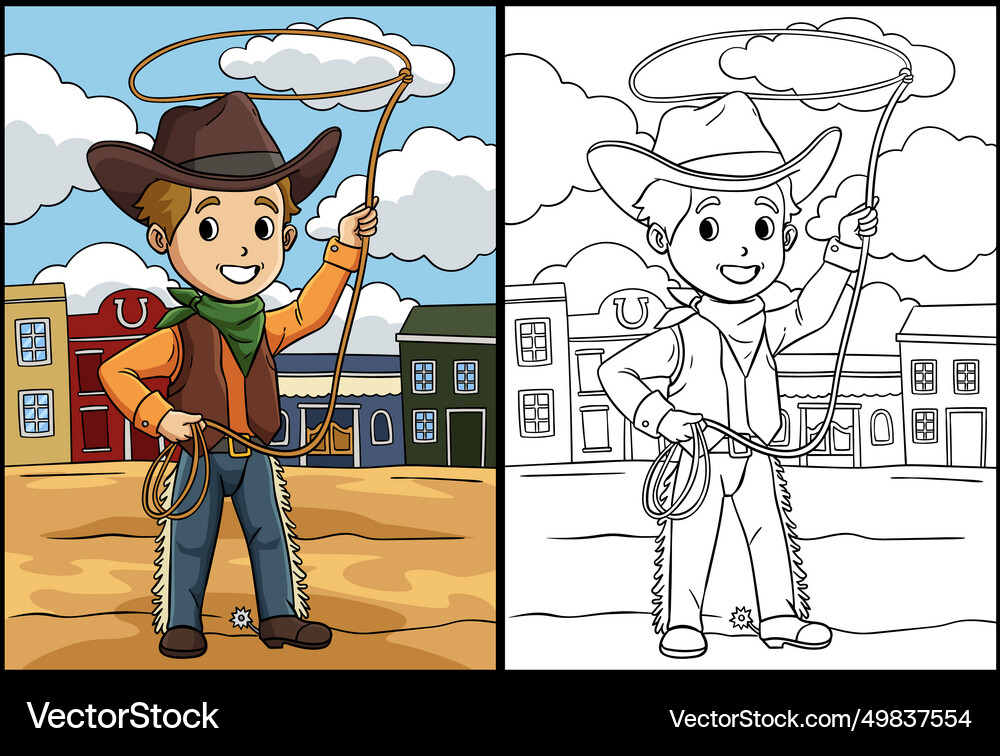 Cowboy with rope coloring colored Royalty Free Vector Image