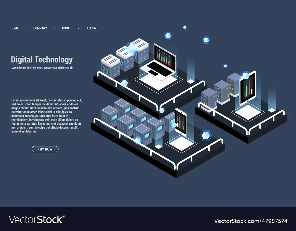 Isometric server room and big data processing Vector Image