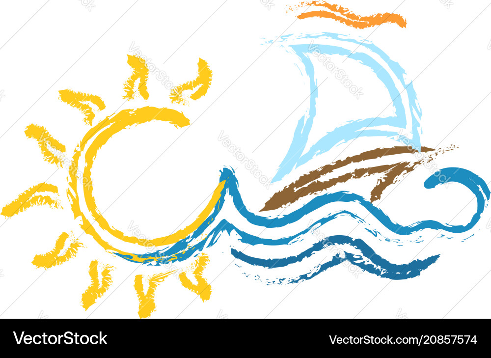 Ship with sail on wave and sun Royalty Free Vector Image