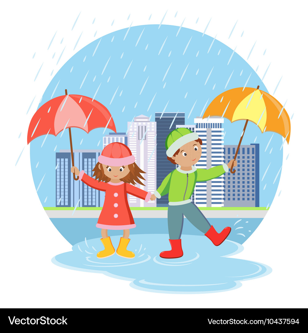 Children with umbrellas in rain Royalty Free Vector Image