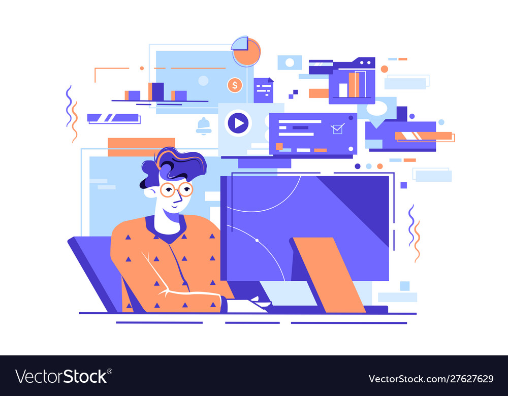 Guy working at pc Royalty Free Vector Image - VectorStock