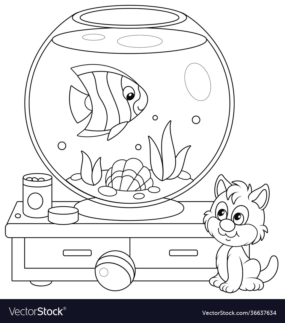 Small kitten and an aquarium fish Royalty Free Vector Image