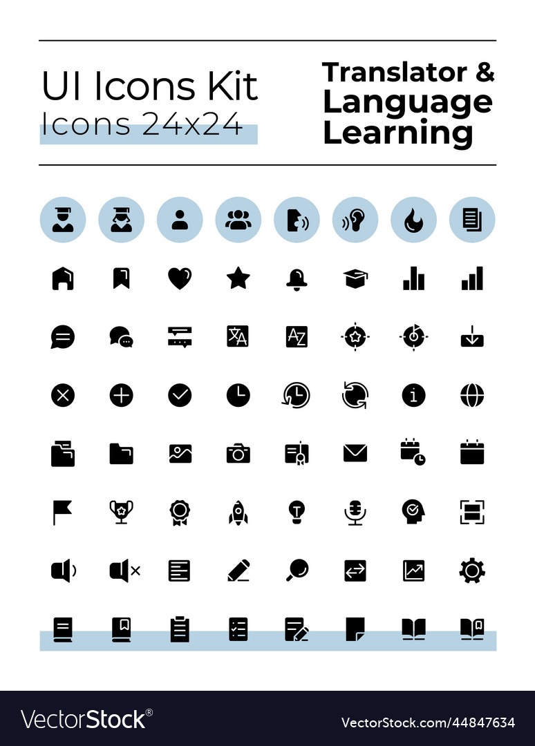 Translator black glyph ui icons set Royalty Free Vector