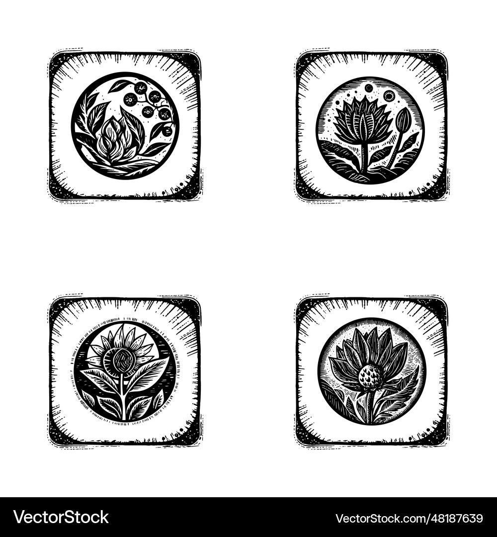 Nordic linocut floral in rustic frame motif Vector Image