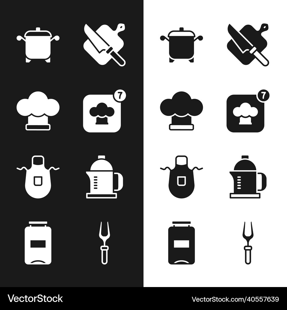 Set chef hat cooking pot cutting board and knife Vector Image
