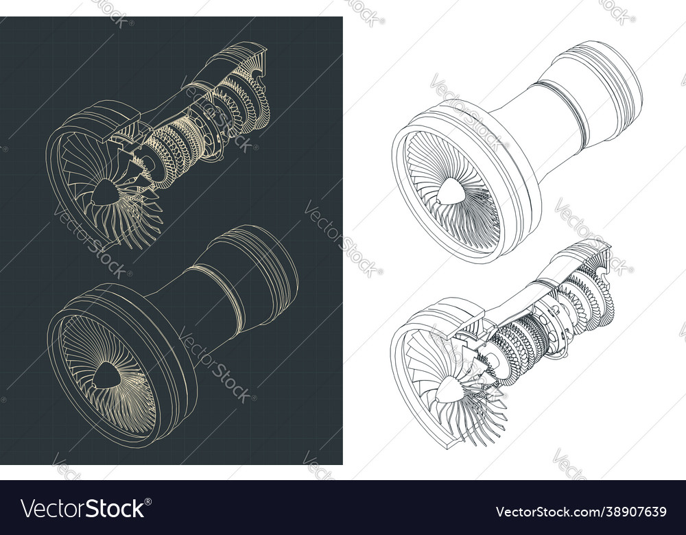 Turbofan engine isometric blueprints Royalty Free Vector Turbofan engine isometric blueprints Royalty Free Vector