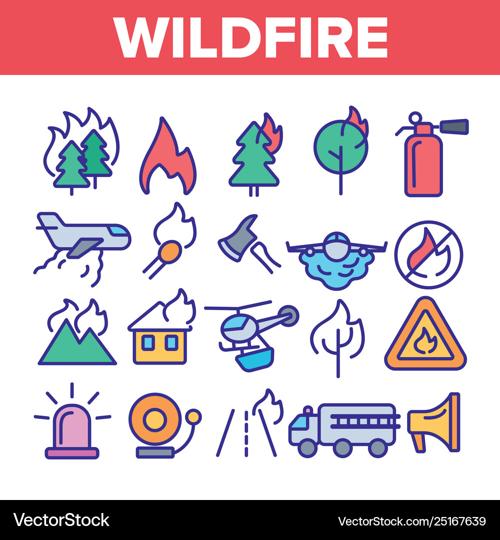 Wildfire bushfire thin line icons set Royalty Free Vector