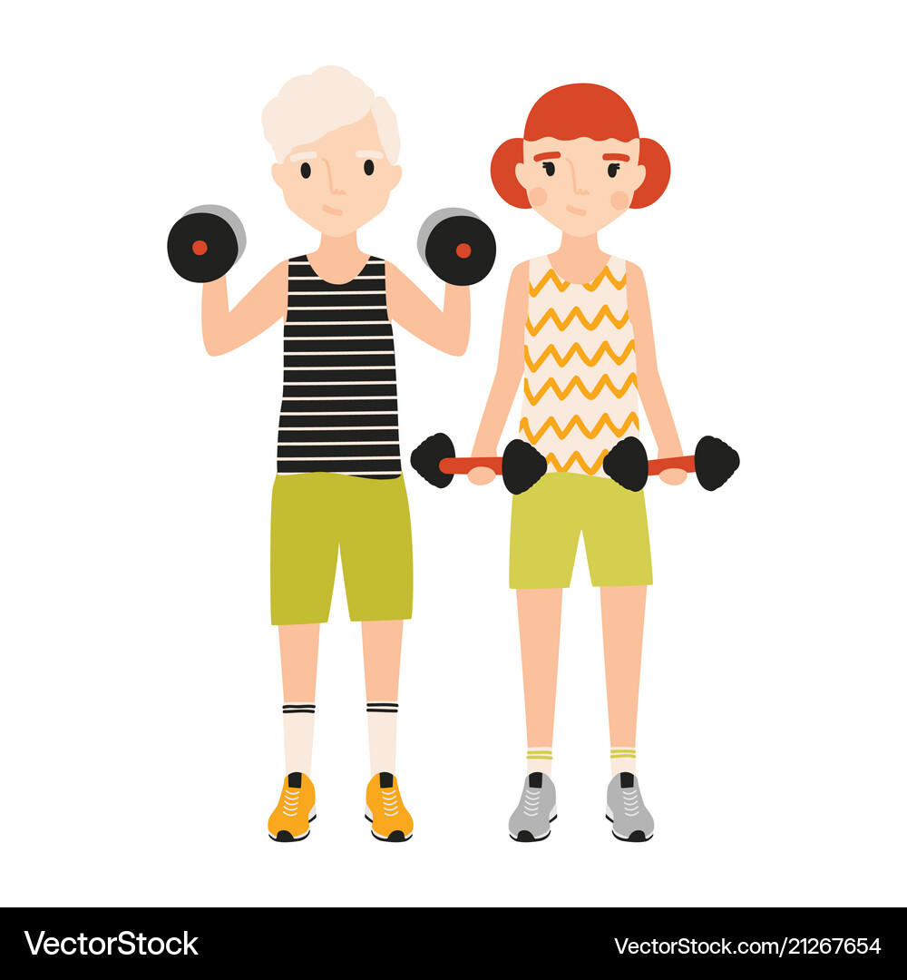 Pair kids dressed in sportswear doing exercise Vector Image
