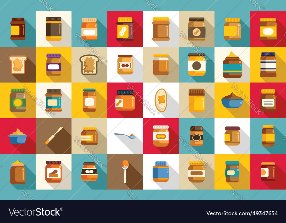 Peanut butter icons set flat nut jar plant Vector Image Peanut butter icons set flat nut jar plant Vector Image