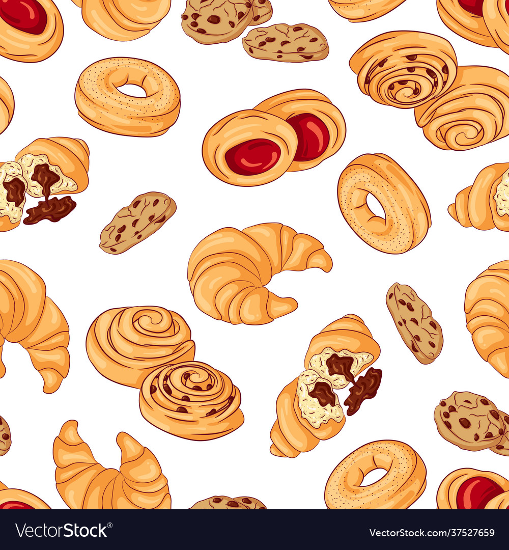 Seamless pattern various pastries Royalty Free Vector Image