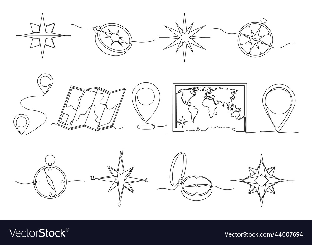One Line Location Hand Drawn Travel Compass Vector Image