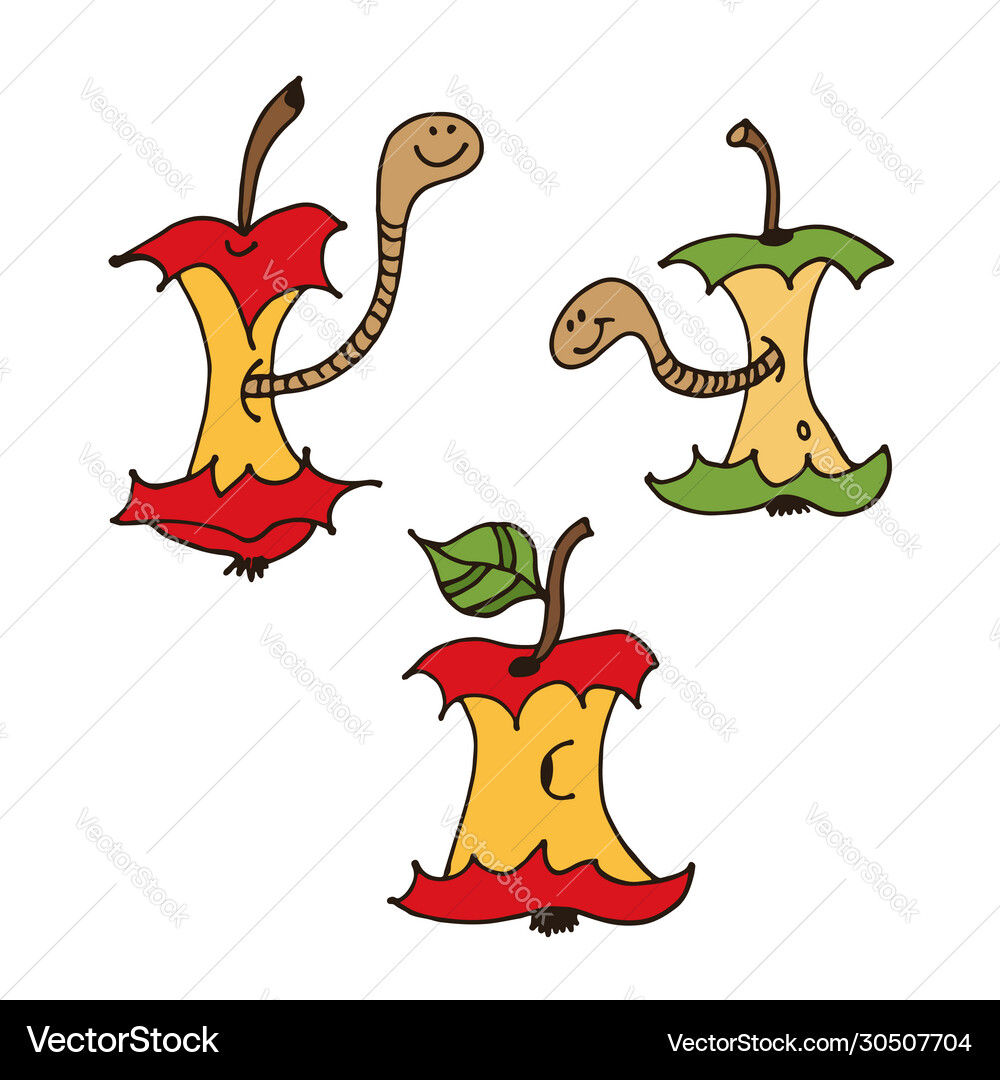 Cartoon worms in apple core hand drawn isolated Vector Image