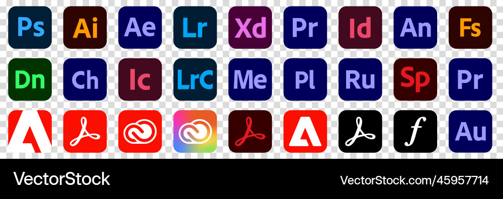 Popular adobe logos editorial icons Royalty Free Vector