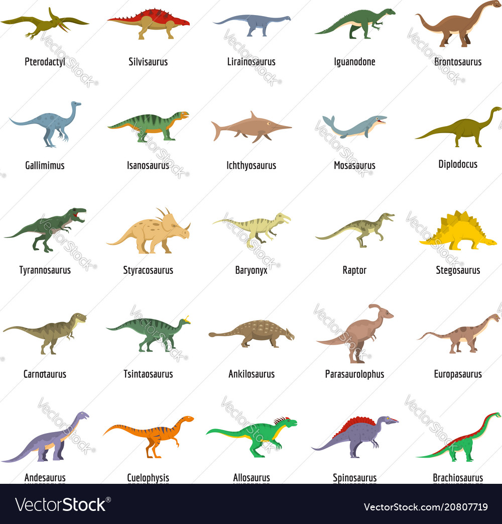 Dinosaur Types Signed Name Icons Set Royalty Free Vector