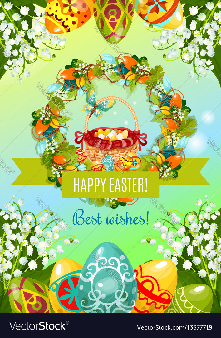Easter poster with egg hunt basket and flowers Vector Image