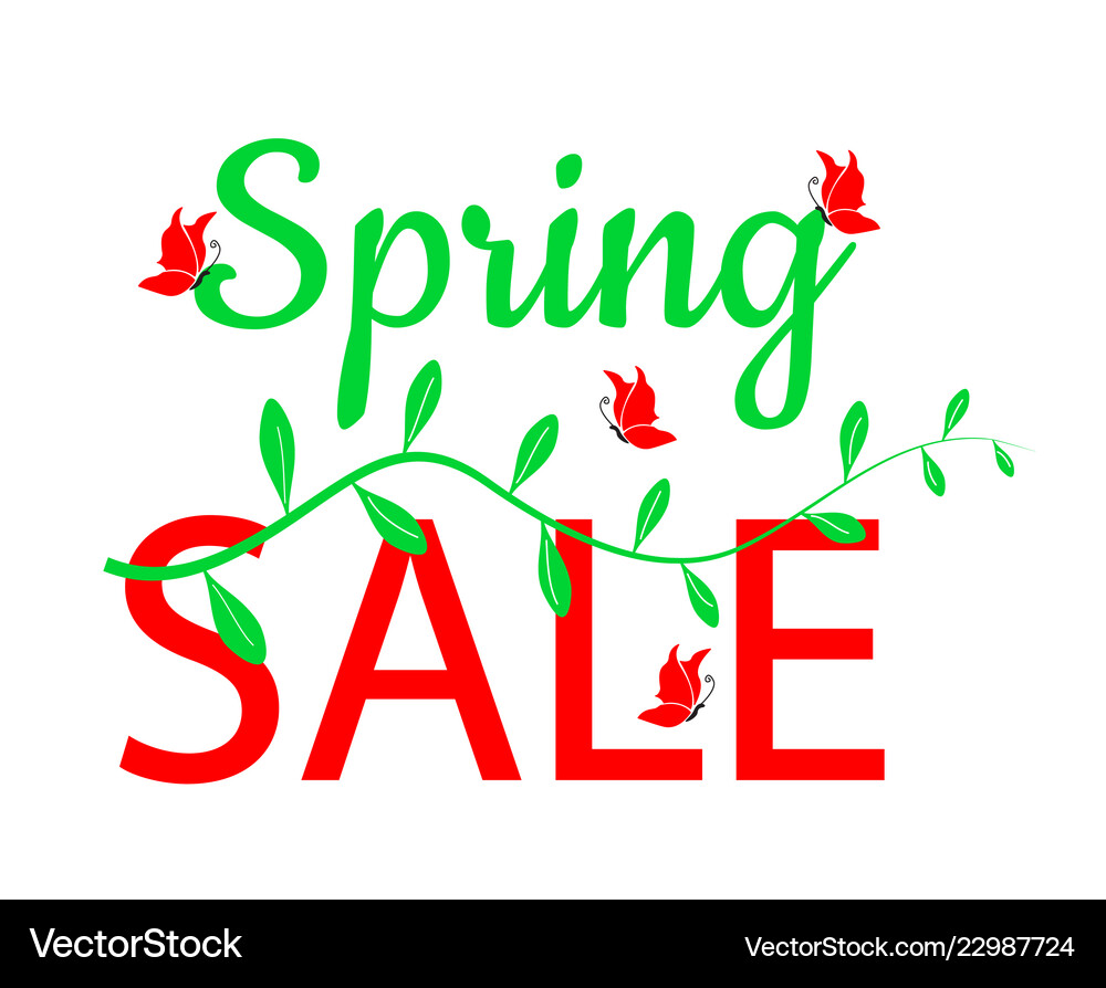 Spring sale design text with green leaves and red Vector Image