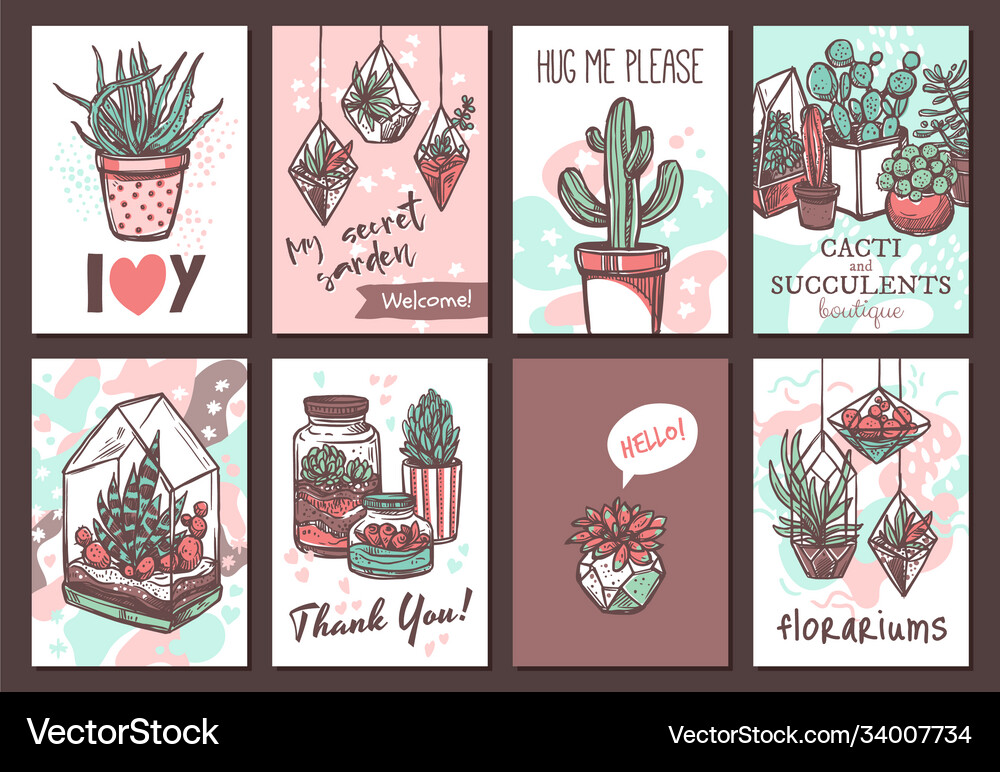 Cactus and succulents hand drawn greeting cards Vector Image
