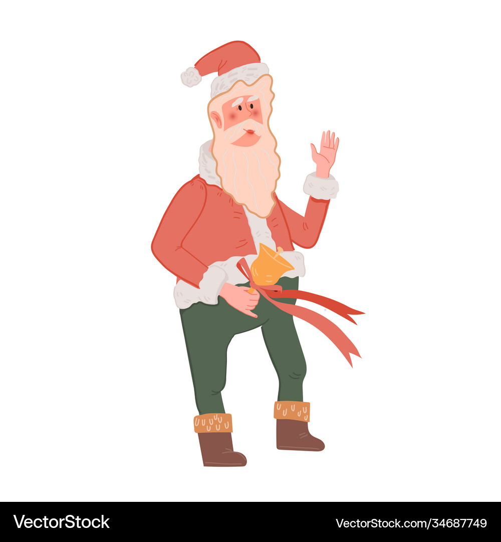 Christmas santa ringing bell and waving hand flat Vector Image