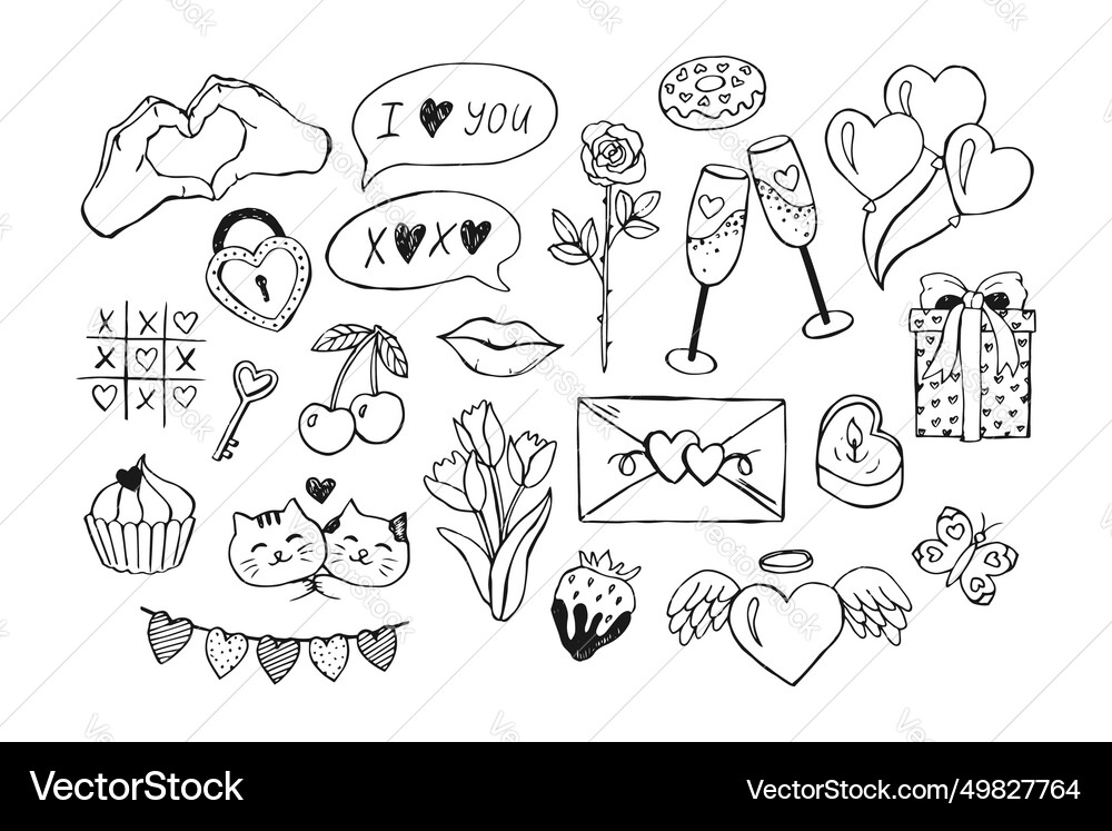 Valentine's Day Doodle Hearts & Balloons Vector Image