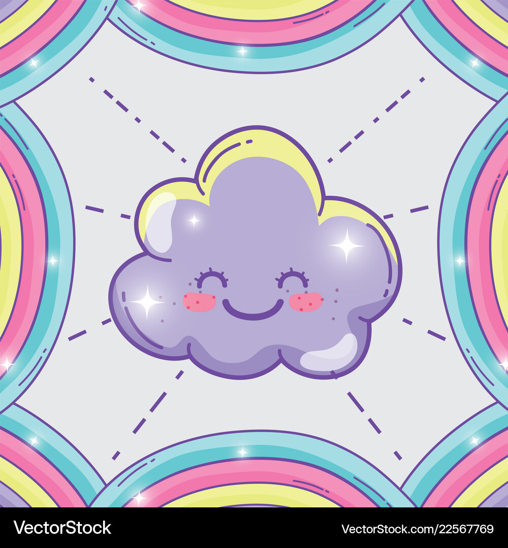 Happy fluffy clouds and cute rainbow Royalty Free Vector