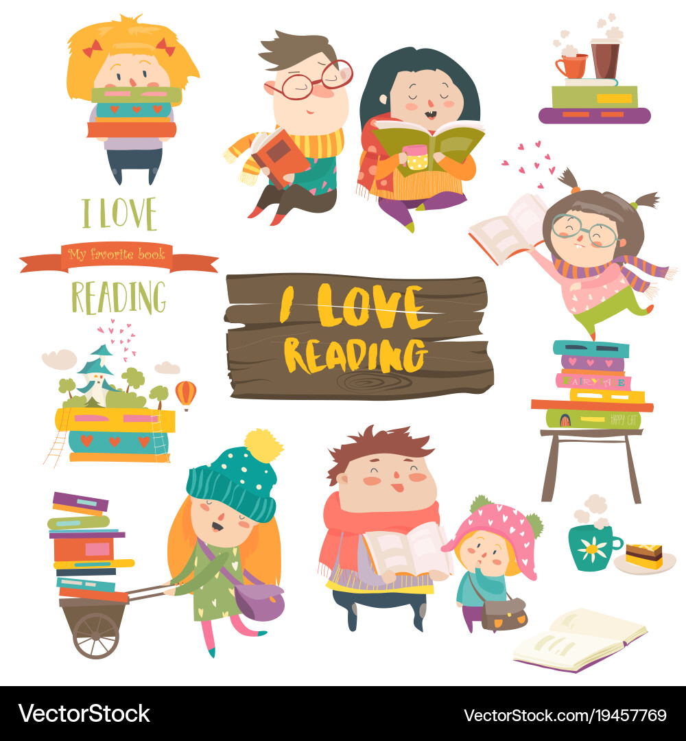 Set cartoon children reading books Royalty Free Vector Image