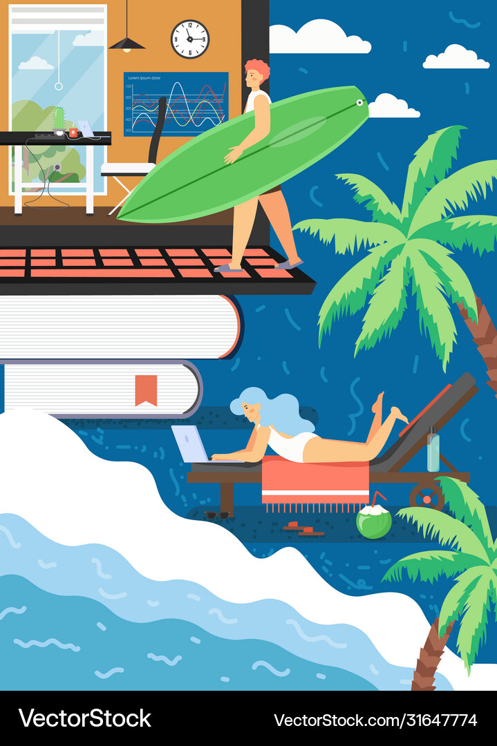 Freelance and summer beach activities flat Vector Image