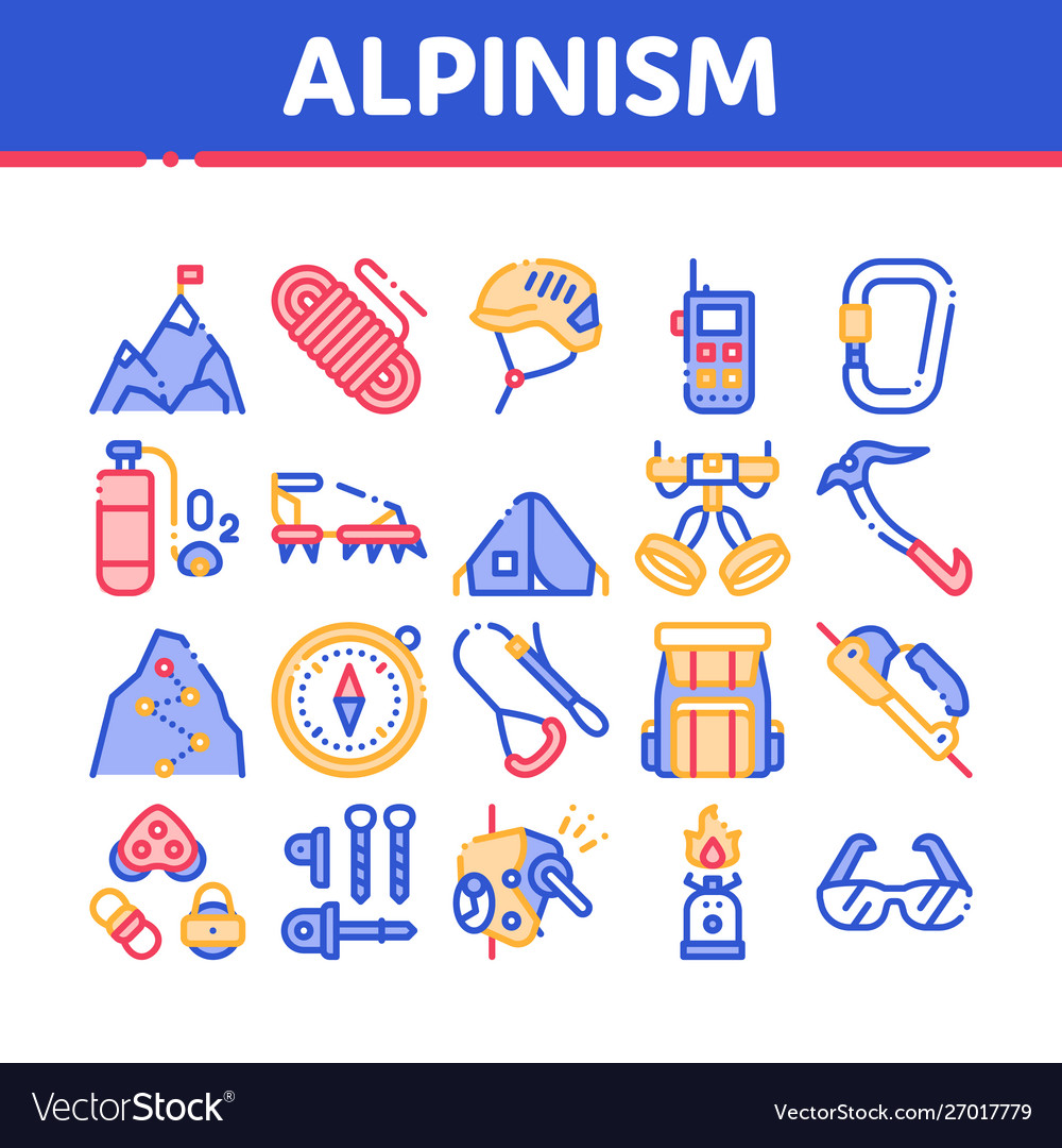 Alpinism collection elements icons set Royalty Free Vector Alpinism collection elements icons set Royalty Free Vector