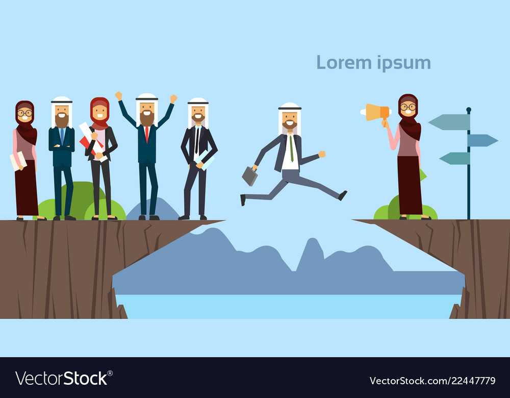 Arab businessman jumping over obstacles chasm go Vector Image Arab businessman jumping over obstacles chasm go Vector Image