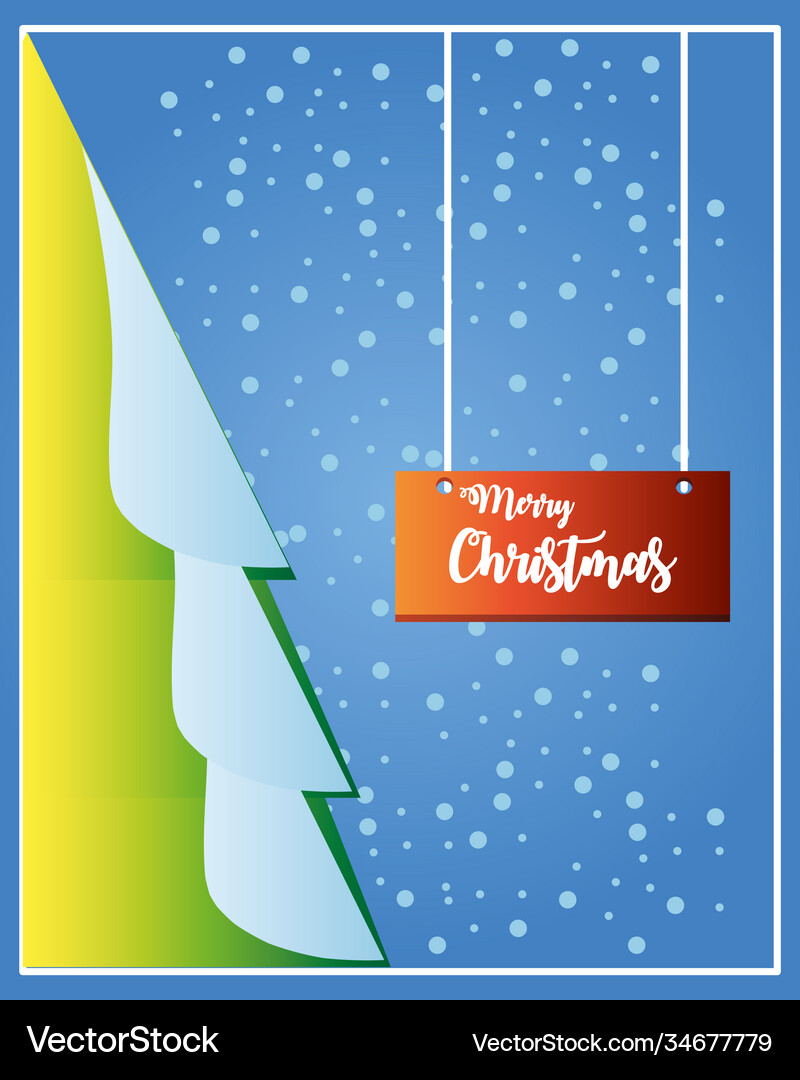 Merry christmas hanging signboard text and tree Vector Image