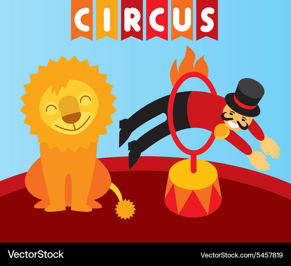 Jumping lion in circus animal trainer Royalty Free Vector