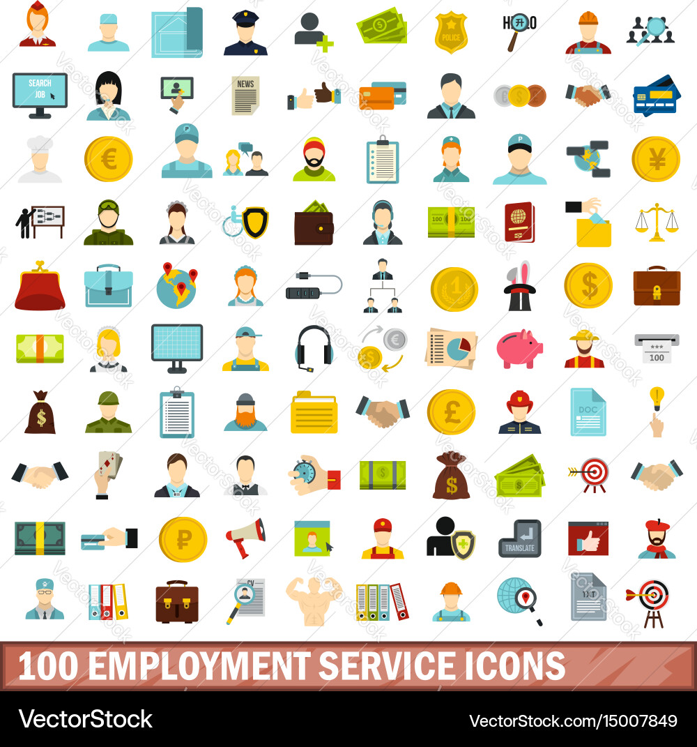100 employment service icons set flat style Vector Image
