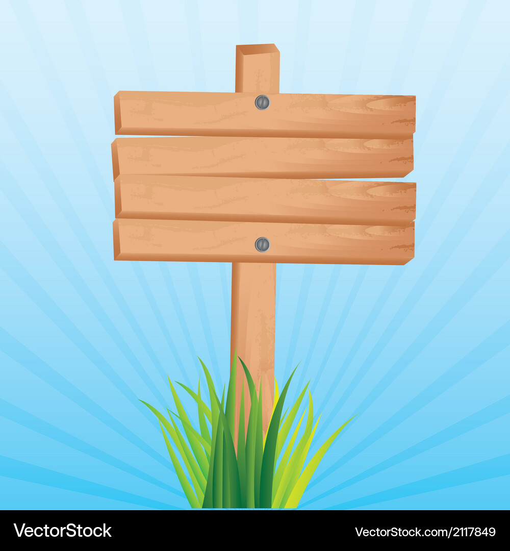 Wooden sign with grass over blue background Vector Image
