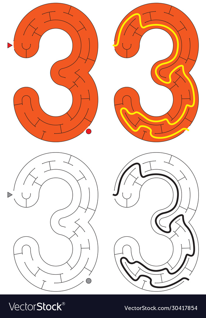 Easy number maze - number 3 Royalty Free Vector Image Easy number maze - number 3 Royalty Free Vector Image