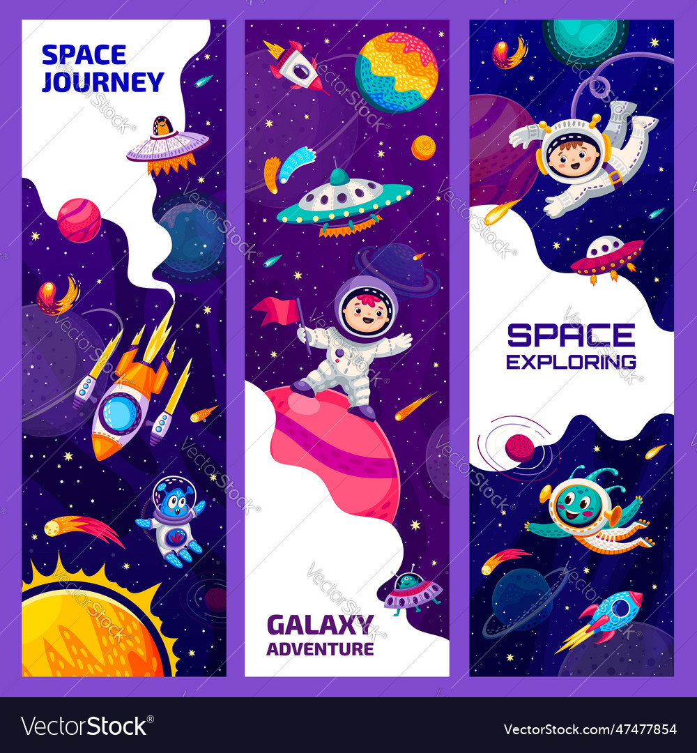 Kid astronaut in space alien ufo vertical banners Vector Image