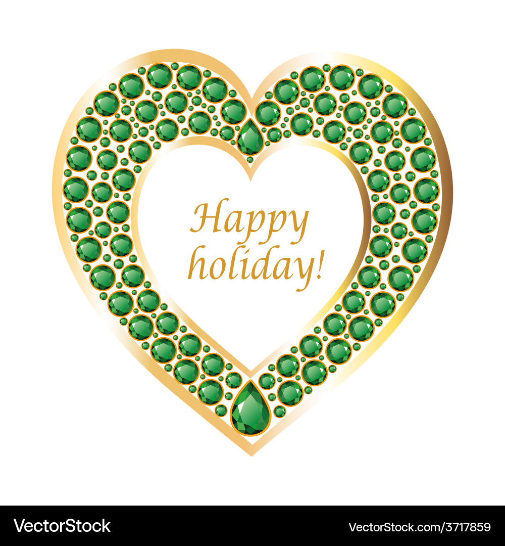 Heart emeralds in a gold frame card Royalty Free Vector