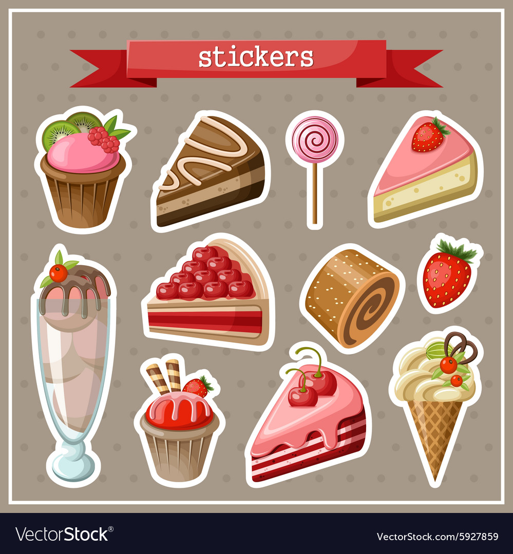 Set of stickers with sweets cakes ice cream Vector Image